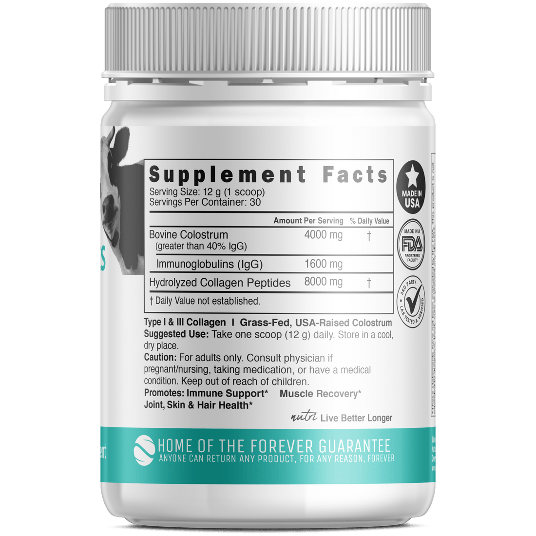 NUTRI SUPPLEMENTS Colostrum Collagen 4/8 g Unflavored Powder 360 grams ...