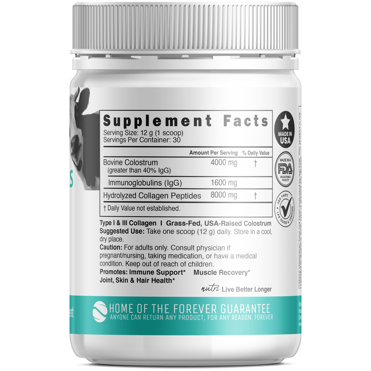 NUTRI SUPPLEMENTS Colostrum Collagen 4/8 g Unflavored Powder 360 grams ...