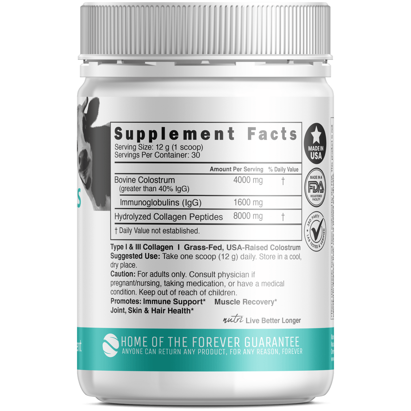 NUTRI SUPPLEMENTS Colostrum Collagen 4/8 g Unflavored Powder 360 grams ...